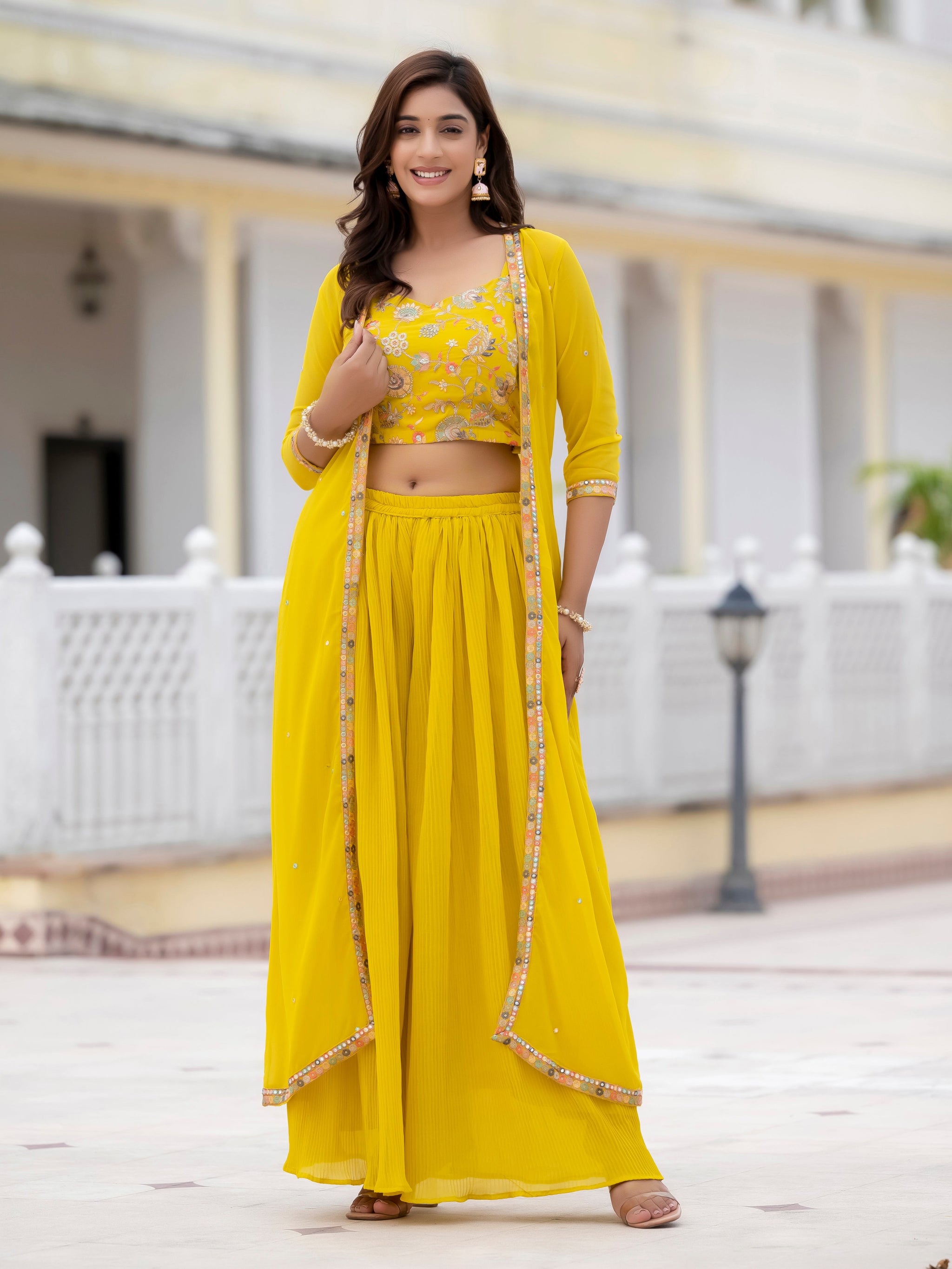 TRENDING 3 PIECE PARTY WEAR PALAZZO SET WITH EMBROIDERED CHOLI & SHRUG