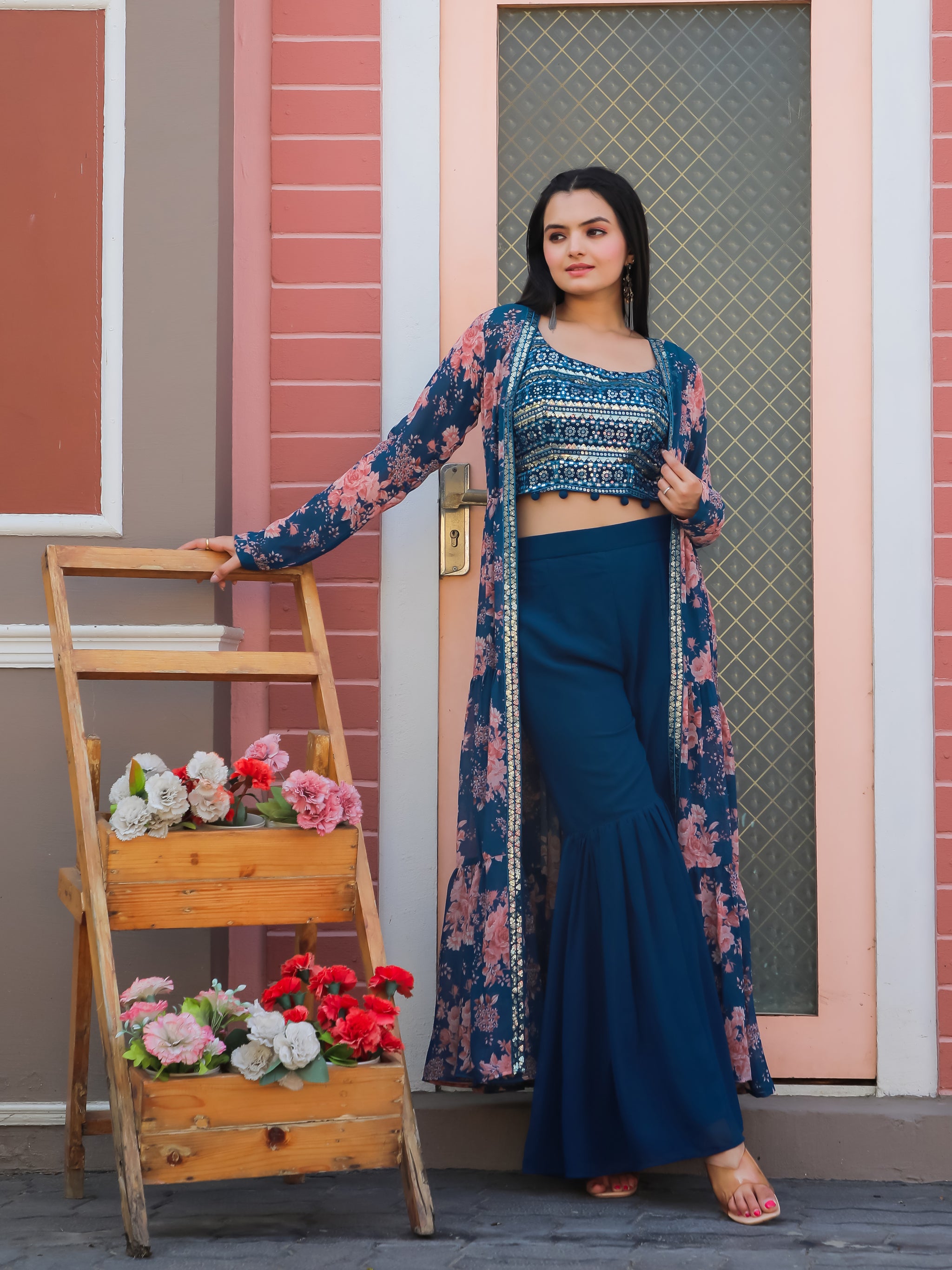 3 PIECE SHRUG SET WITH EMBROIDERY CHOLI & SHARARA SET